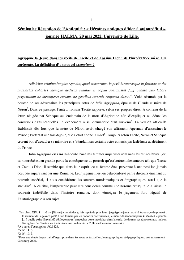 (PDF) Agrippine la Jeune dans les récits de Tacite et de Cassius Dion ...