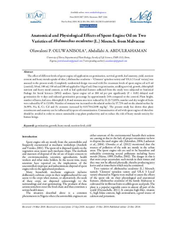(PDF) Anatomical and Physiological Effects of Spent-Engine Oil on Two ...
