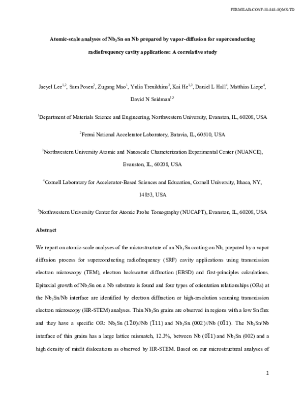 (PDF) Atomic scale analysis of Nb3Sn on Nb prepared by a vapor ...