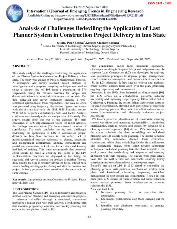 (PDF) Analysis of Challenges Bedeviling the Application of Last Planner ...