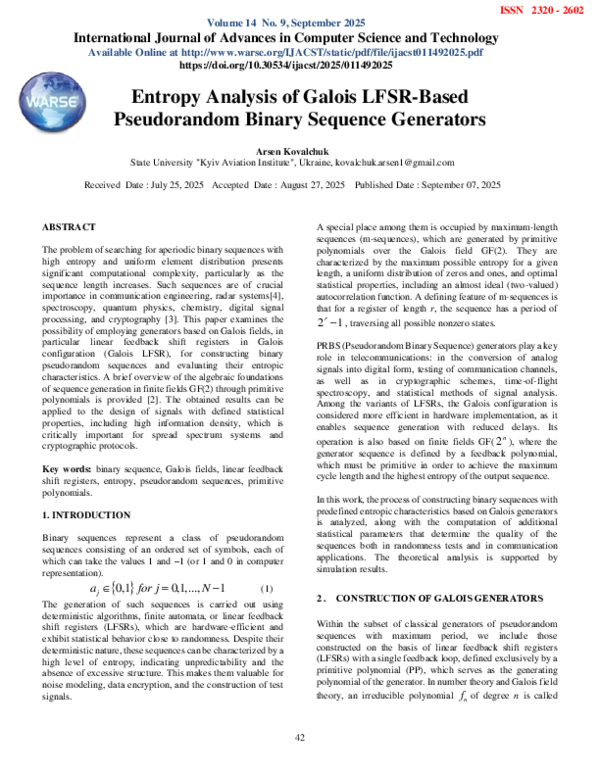 (PDF) Entropy Analysis of Galois LFSR-Based Pseudorandom Binary ...