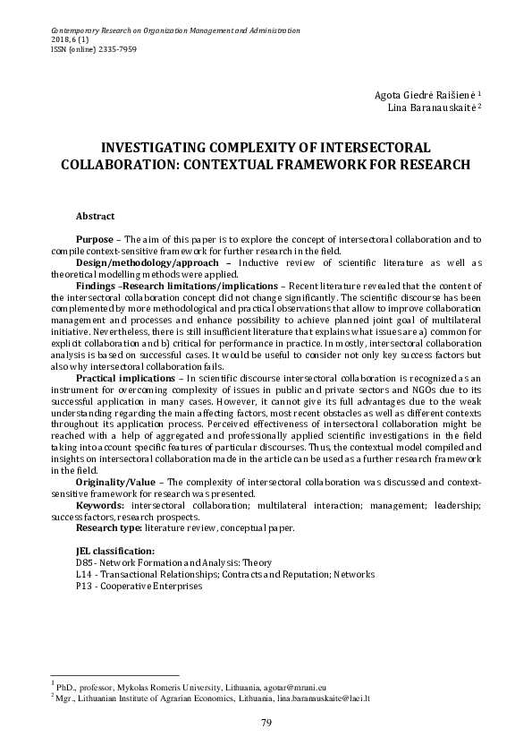 (PDF) Investigating complexity of intersectoral collaboration: contextual framework for research