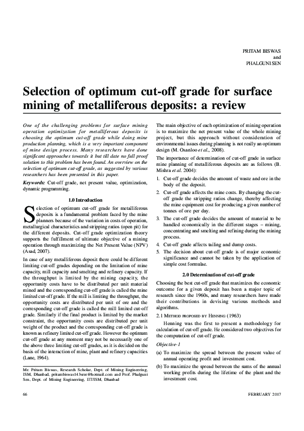 (PDF) Selection of Optimum Cut-Off Grade for Surface Mining of ...