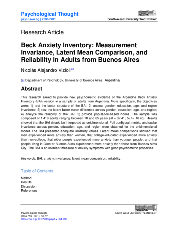 (PDF) Beck Anxiety Inventory: Measurement Invariance, Latent Mean ...