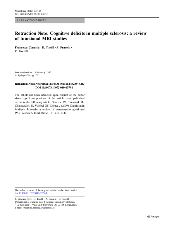 (PDF) Retraction Note: Cognitive deficits in multiple sclerosis: a review of functional MRI studies
