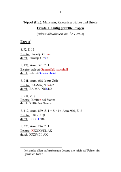 (PDF) Töppel (Hg.), Manstein, Kriegstagebücher und Briefe: ERRATA + FAQ ...