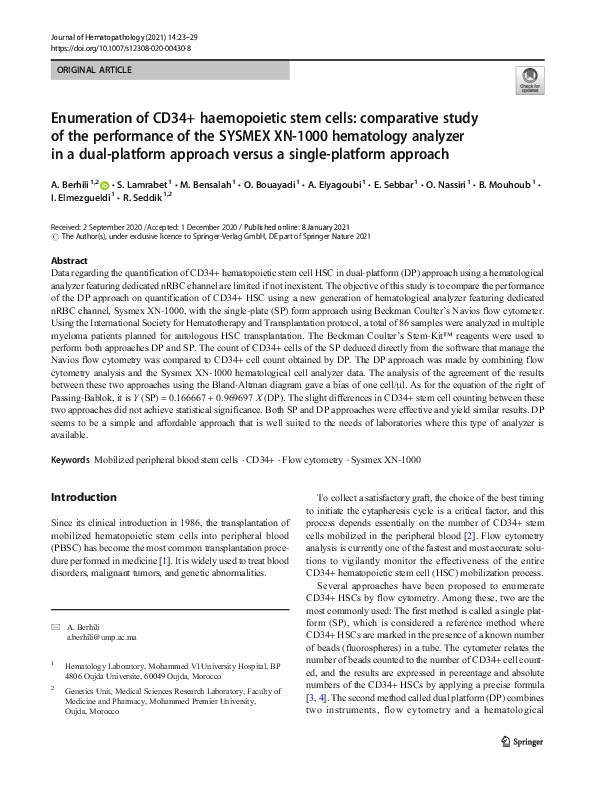 (PDF) Enumeration of CD34+ haemopoietic stem cells: comparative study ...