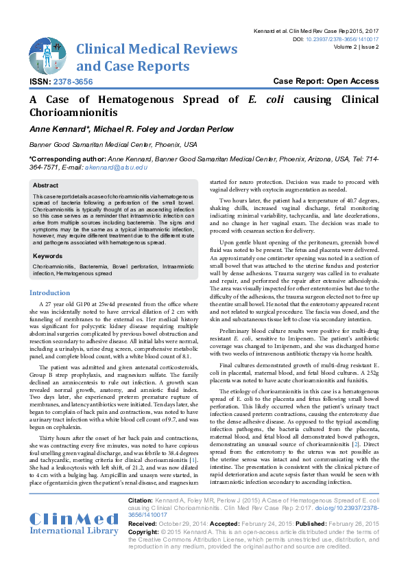 (PDF) A Case of Hematogenous Spread of E. coli causing Clinical ...