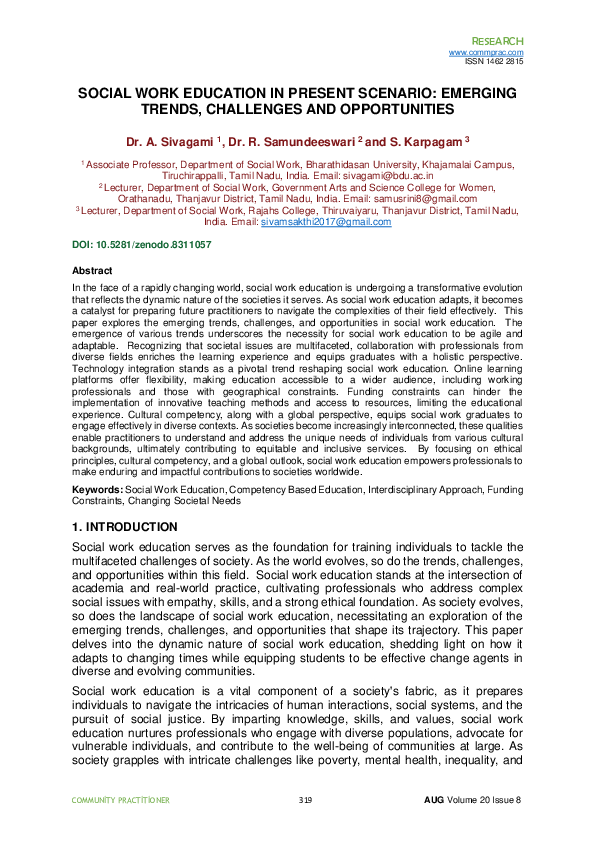 (PDF) Social Work Education in Present Scenario: Emerging Trends ...