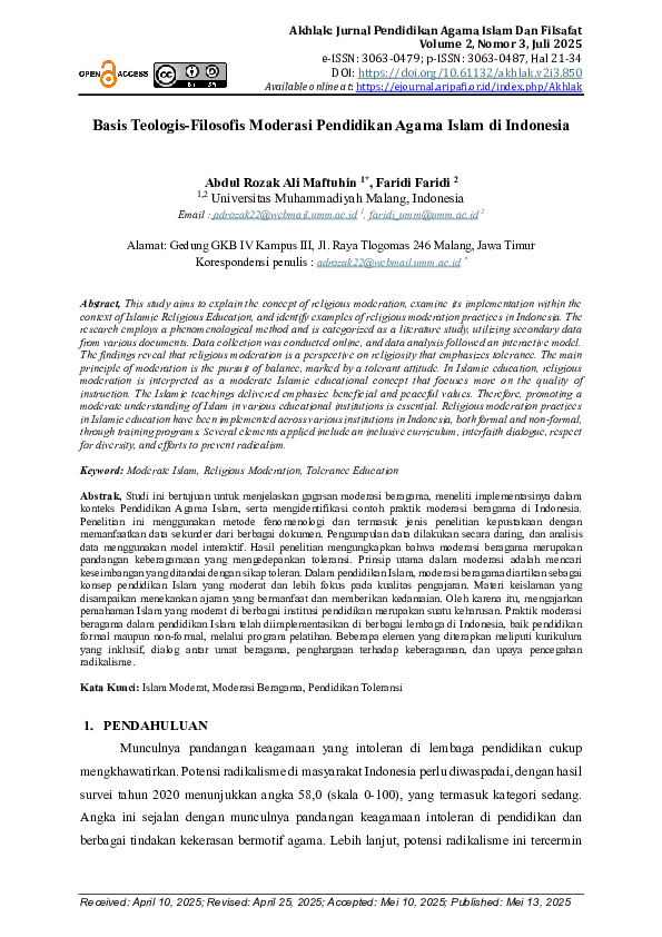 (PDF) Basis Teologis-Filosofis Moderasi Pendidikan Agama Islam di Indonesia