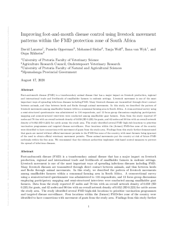 (PDF) Improving foot-and-mouth disease control using livestock movement ...