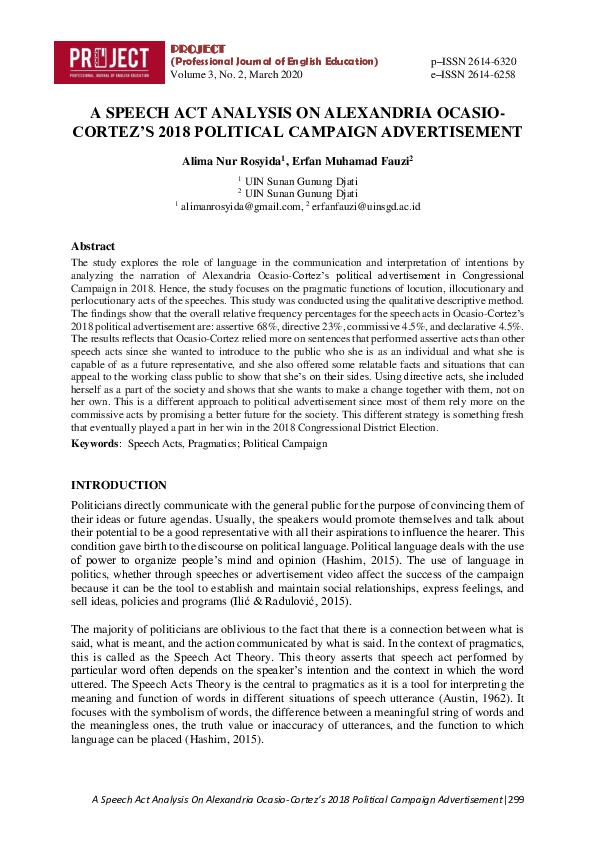 (PDF) A Speech Act Analysis on Alexandria Ocasio- Cortez’s 2018 ...