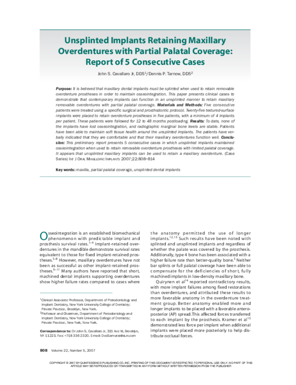 (PDF) Unsplinted implants retaining maxillary overdentures with partial ...