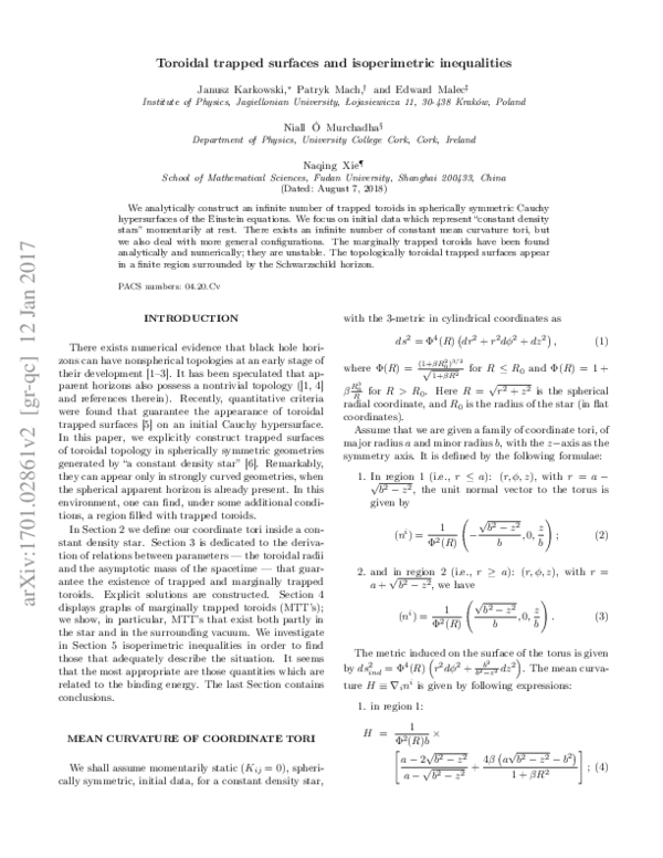(PDF) Toroidal trapped surfaces and isoperimetric inequalities