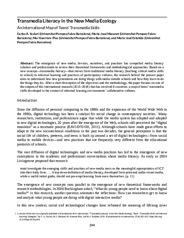 (PDF) Transmedia Literacy in the New Media Ecology An International Map ...