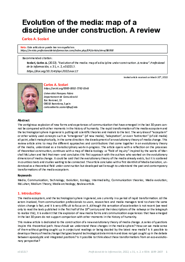 (PDF) Evolution of the media: map of a discipline under construction. A ...