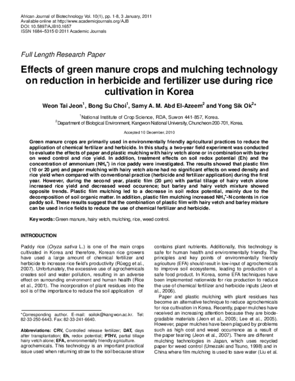 (PDF) Effects of green manure crops and mulching technology on reduction in herbicide and ...
