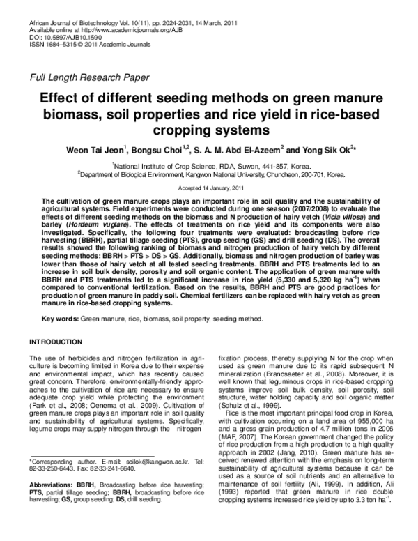 (PDF) Effect of different seeding methods on green manure biomass, soil ...