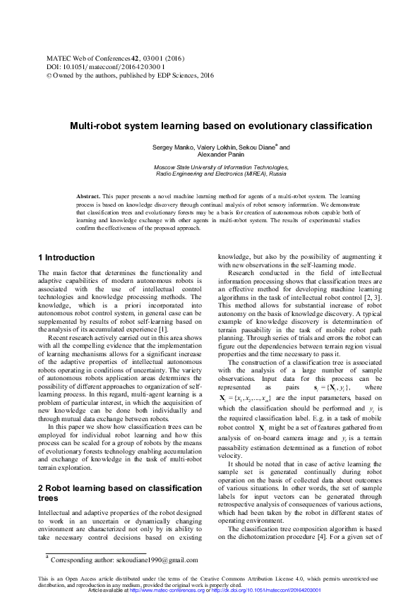 Pdf Multi Robot System Learning Based On Evolutionary Classification