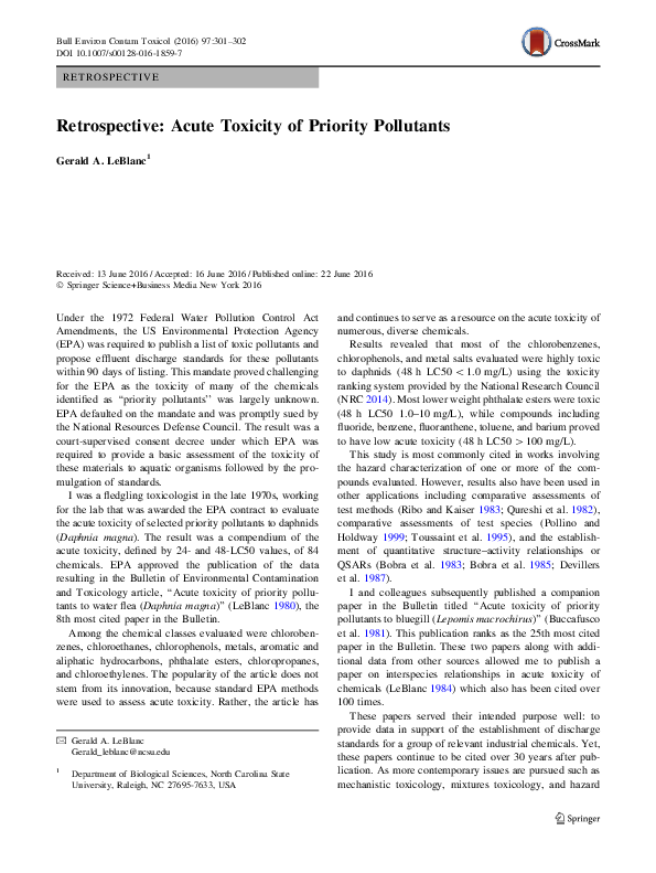 (PDF) Retrospective: Acute Toxicity of Priority Pollutants