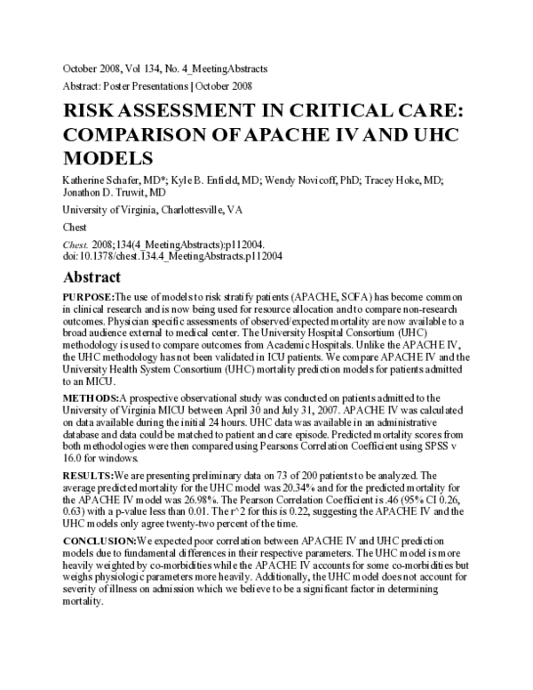 (PDF) Risk Assessment in Critical Care: Comparison of Apache IV and Uhc ...
