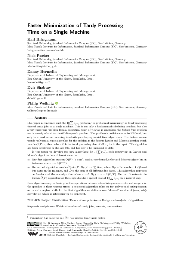(PDF) Faster Minimization of Tardy Processing Time on a Single Machine