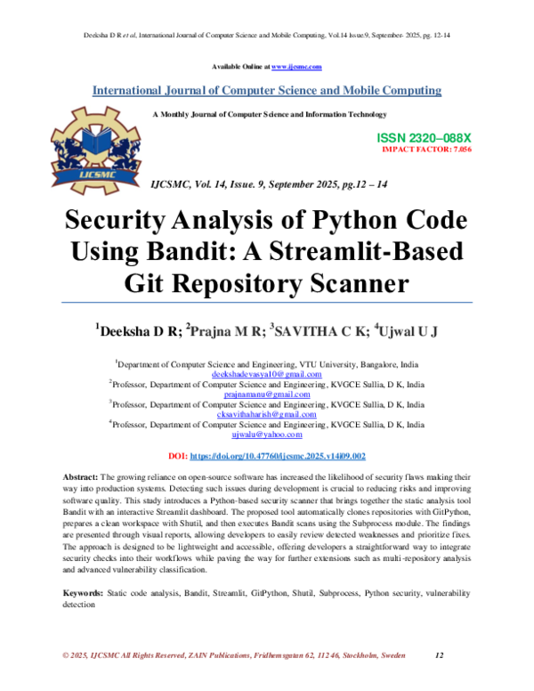 (PDF) Security Analysis of Python Code Using Bandit: A Streamlit-Based Git Repository Scanner