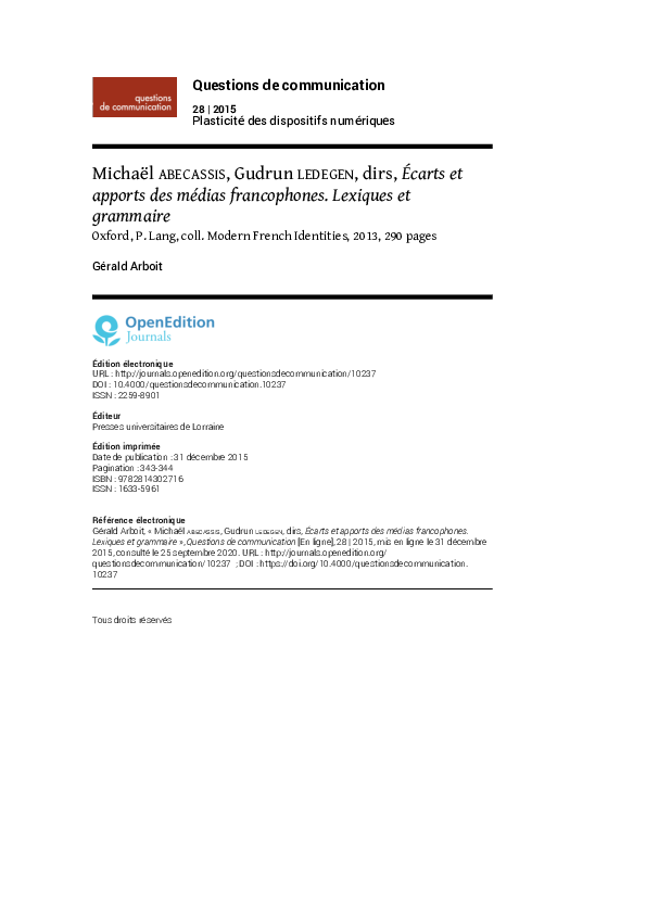 (PDF) Michaël Abecassis , Gudrun Ledegen , dirs, Écarts et apports des ...