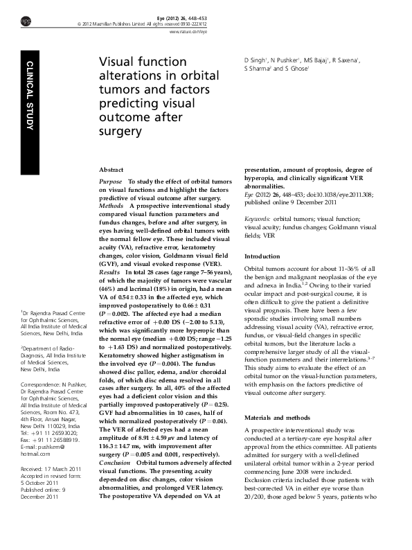 (PDF) Visual function alterations in orbital tumors and factors ...