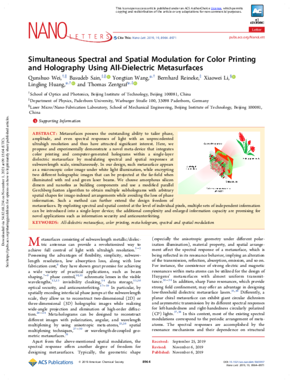 Pdf Simultaneous Spectral And Spatial Modulation For Color Printing And Holography Using All