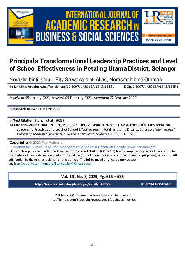 (PDF) Principal's Transformational Leadership Practices and Level of School Effectiveness in ...