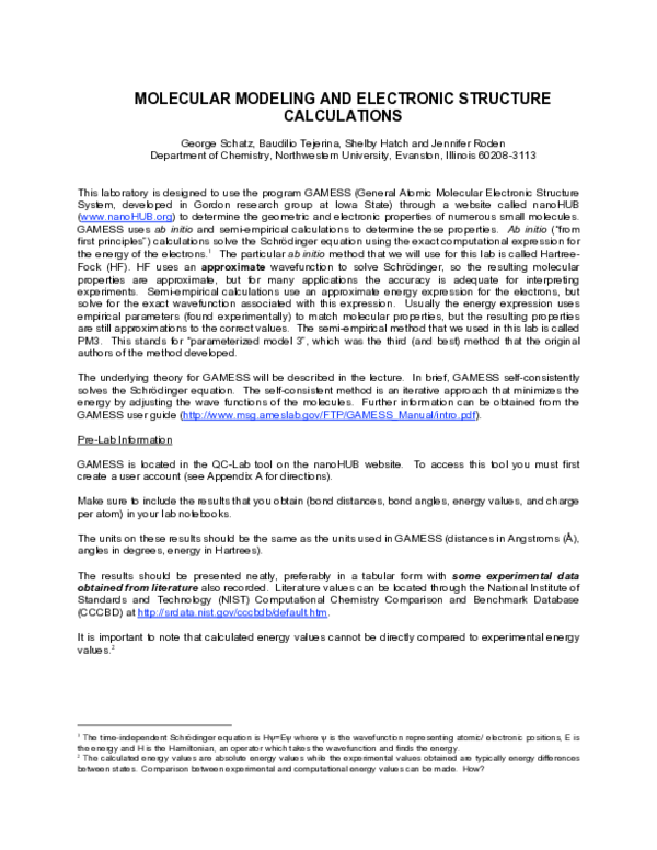 (PDF) Molecular Modeling and Electronic Structure Calculations
