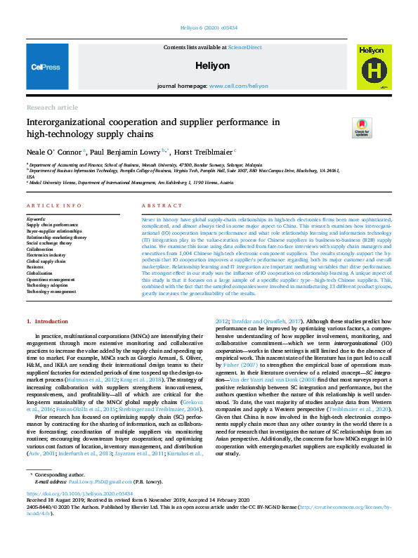 Pdf Interorganizational Cooperation And Supplier Performance In High Technology Supply Chains