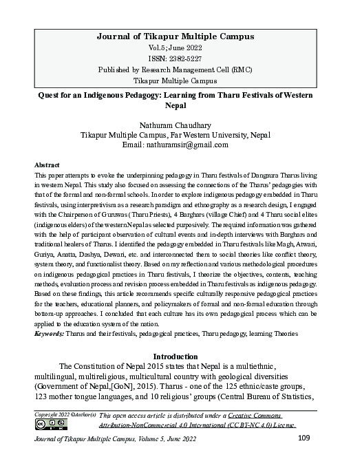 (PDF) Quest for an Indigenous Pedagogy: Learning from Tharu Festivals of Western Nepal