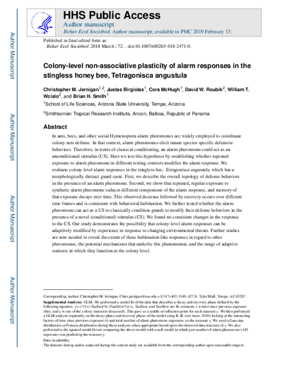 (PDF) Colony-level non-associative plasticity of alarm responses in the ...