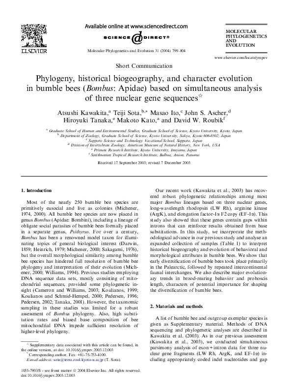 (PDF) Phylogeny, historical biogeography, and character evolution in bumble bees (Bombus: Apidae ...