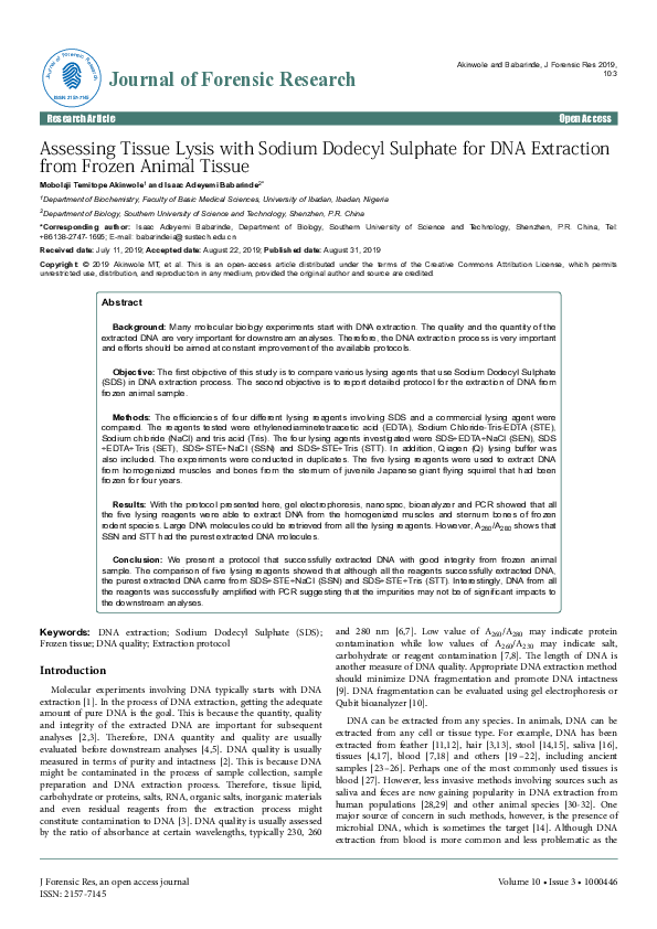 (PDF) Assessing Tissue Lysis with Sodium Dodecyl Sulphate for DNA Extraction from Frozen Animal ...