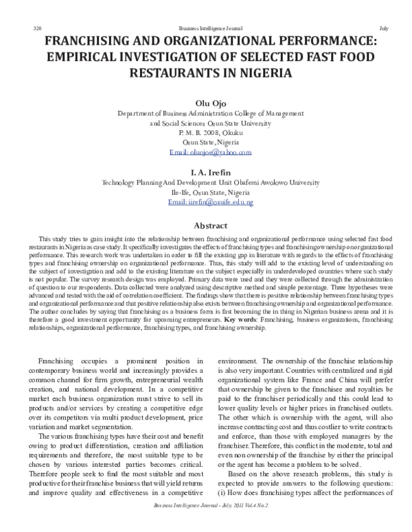 (PDF) Franchising and Organizational Performance: Empirical ...
