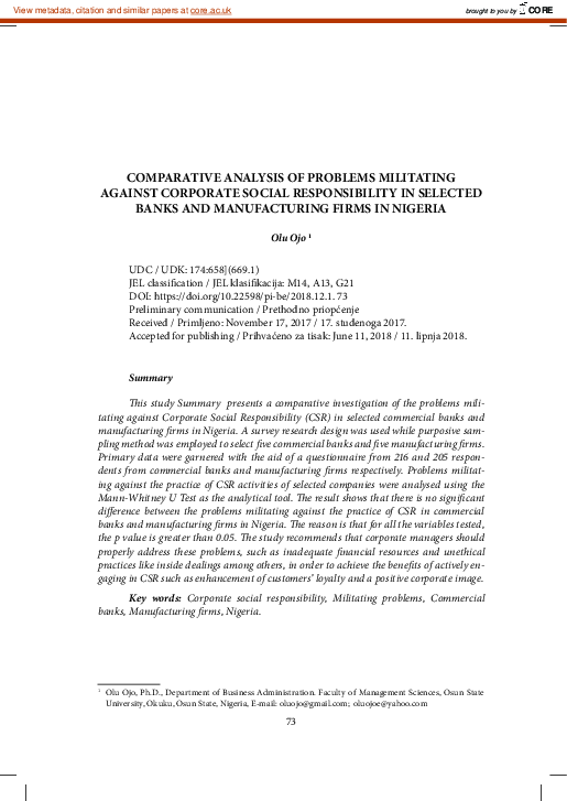 (PDF) Comparative Analysis of Problems Militating Against Corporate Social Responsibility in ...