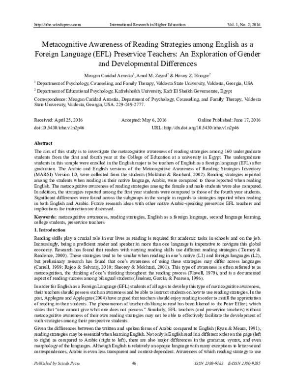 (PDF) Metacognitive Awareness of Reading Strategies among English as a ...