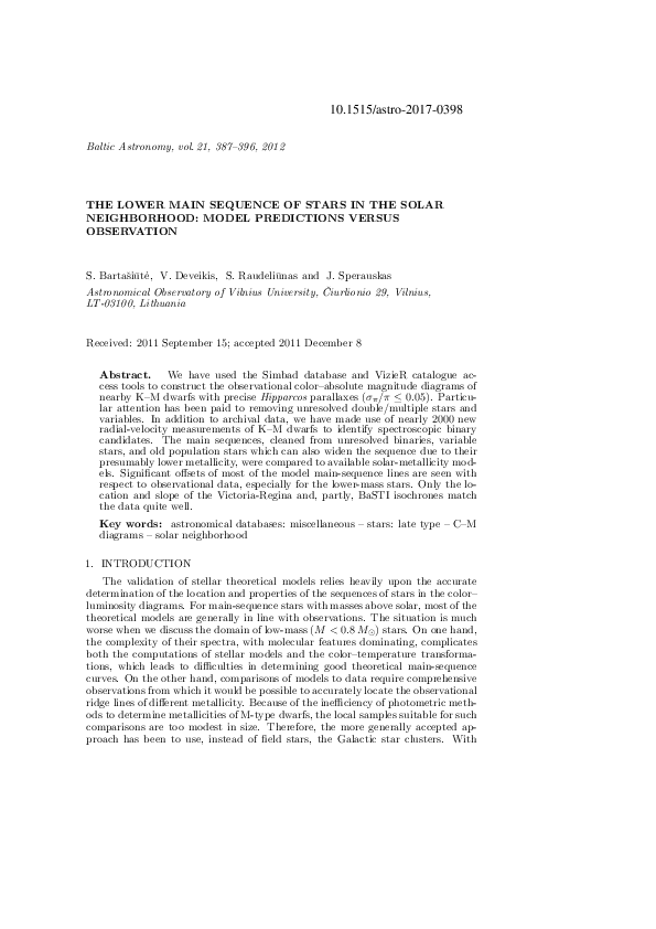 (PDF) The Lower Main Sequence of Stars in the Solar Neighborhood: Model ...