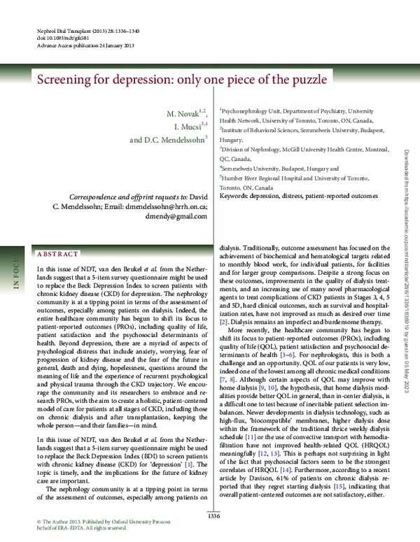 (PDF) Screening for depression: only one piece of the puzzle