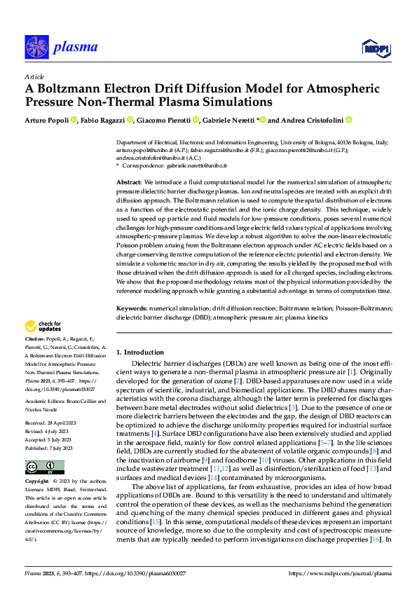 (PDF) A Boltzmann Electron Drift Diffusion Model for Atmospheric Pressure Non-Thermal Plasma ...