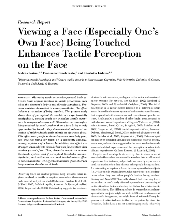 (PDF) Viewing a Face (Especially One's Own Face) Being Touched Enhances ...
