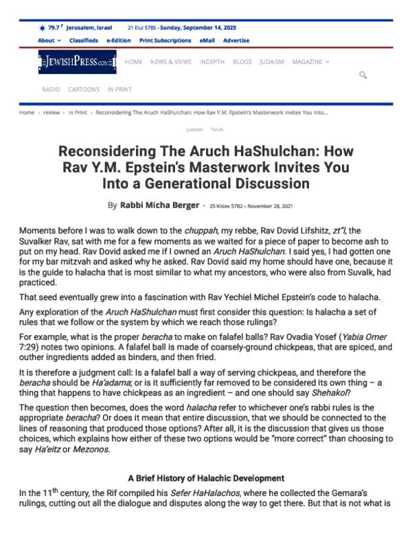 (PDF) Home review In Print Reconsidering The Aruch HaShulchan: How Rav ...