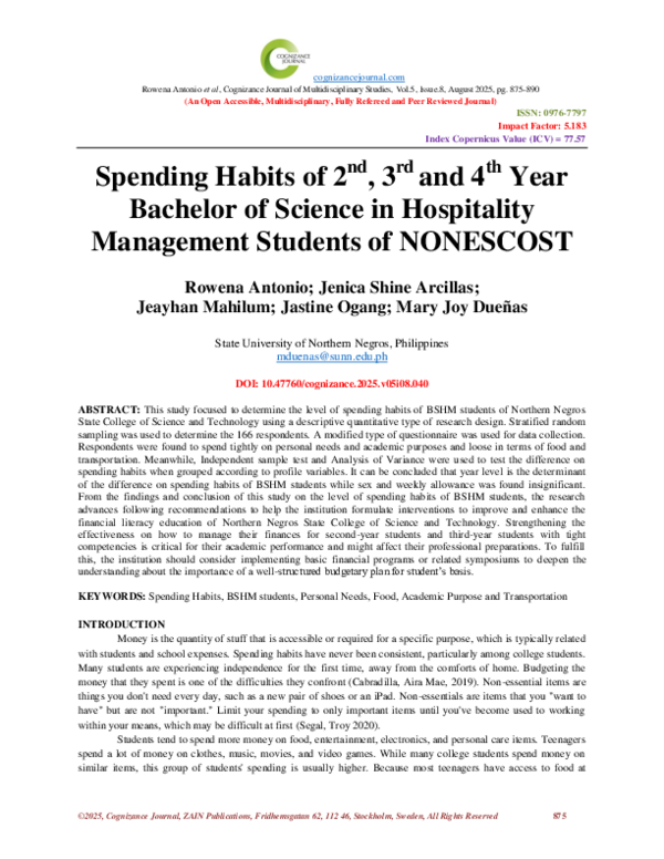 (PDF) Spending Habits of 2nd, 3rd and 4th Year Bachelor of Science in ...