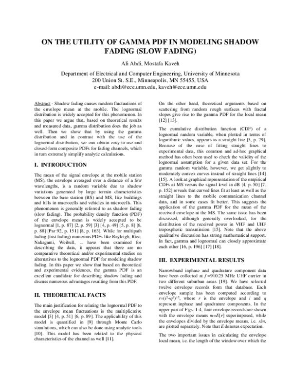 (PDF) On the utility of gamma PDF in modeling shadow fading (slow fading)