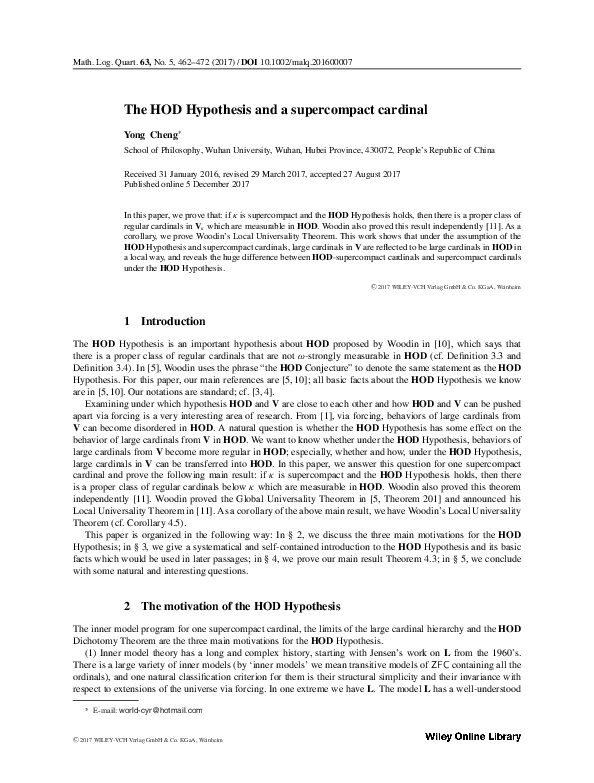 (PDF) The HOD Hypothesis and a supercompact cardinal