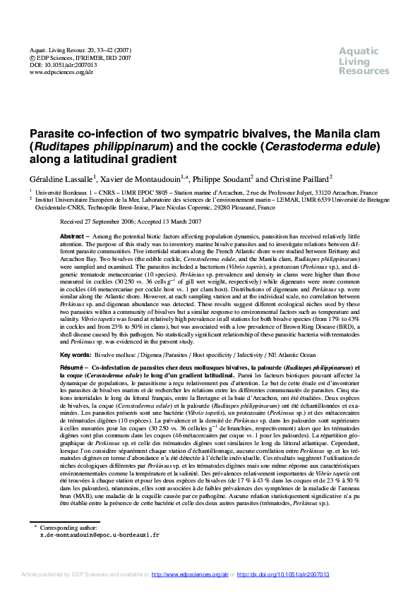 (PDF) Parasite co-infection of two sympatric bivalves, the Manila clam ...