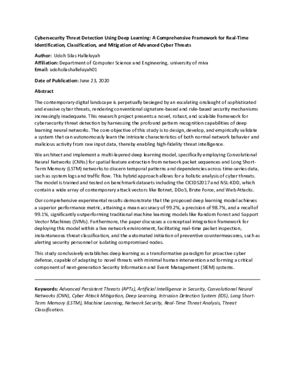 (PDF) Cybersecurity Threat Detection Using Deep Learning: A ...